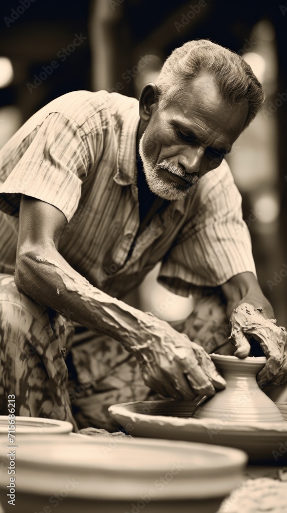 Traditional Sri Lankan pottery. Potter shaped the lump of clay into a ...