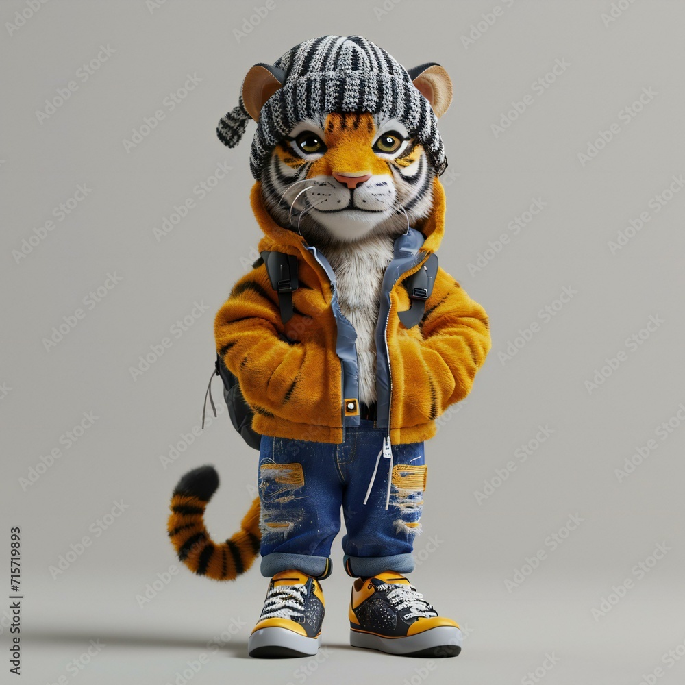 a stuffed tiger wearing a hat and jacket, anthropomorphic tiger, 3d ...