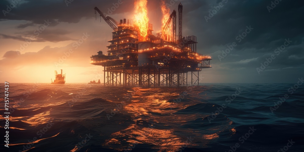 Illustration Stock Oil rig fire. Petroleum production. Offshore oil and ...
