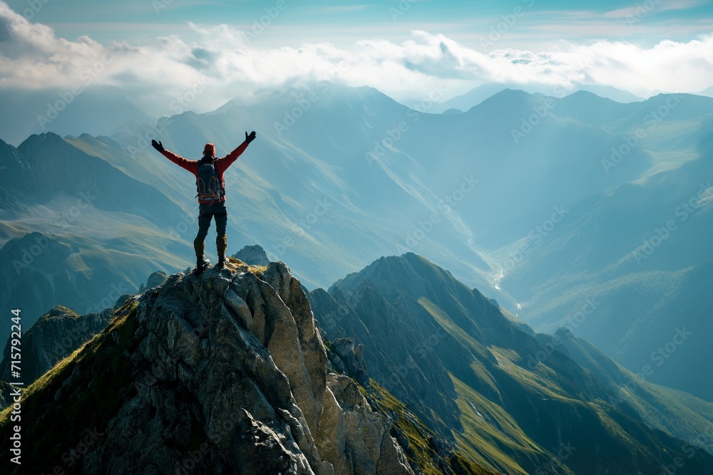 Climbing a high and towering mountain, heading upwards towards the ...
