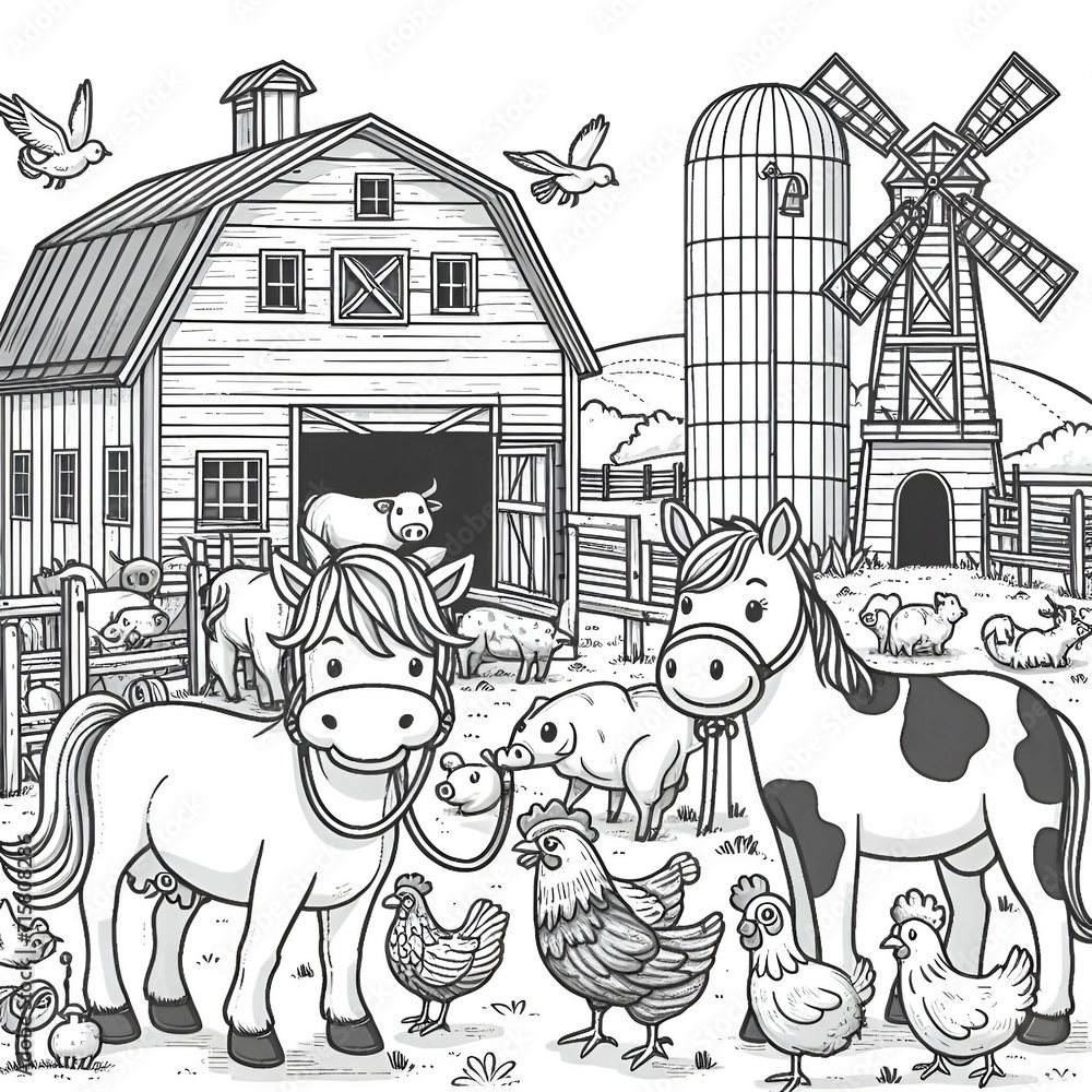 Farm animals line art, coloring page, outline, illustration Stock ...