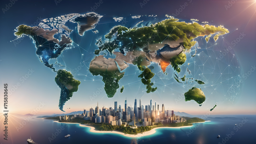 Polygonal mesh network map of world of lines and points, dots and ...