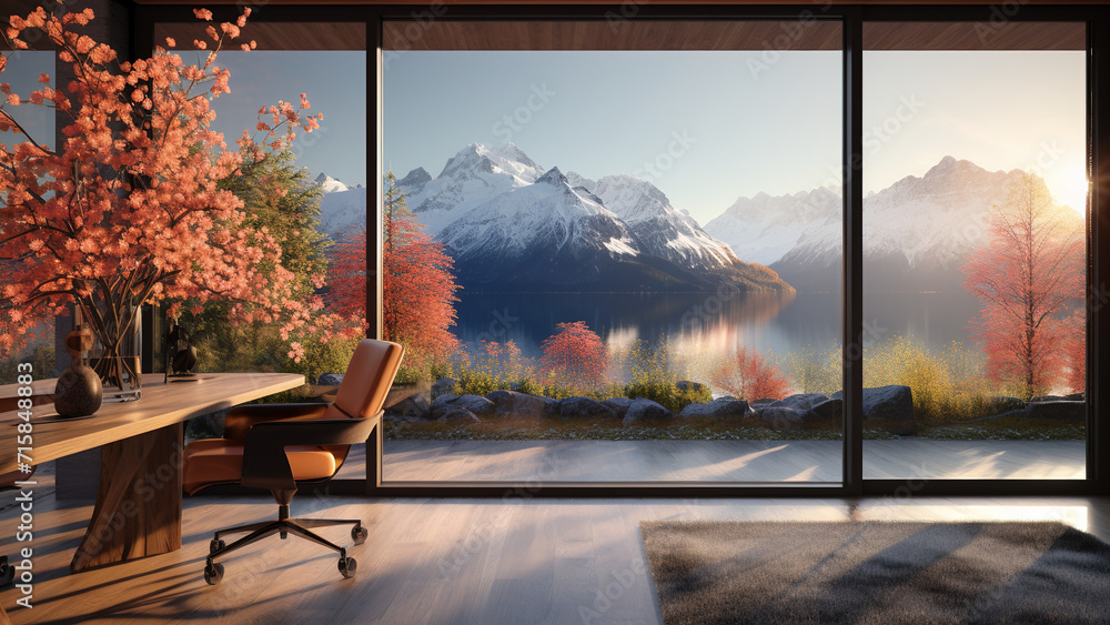 Mountains interior home office computer desk room background or ...