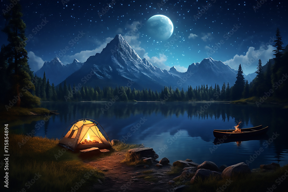 Forest Tent .illustration of Camping Evening Scene. Tent, Campfire ...