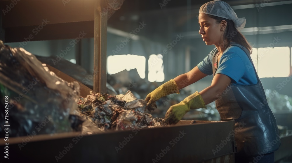Worker sorts garbage on conveyor belt at waste recycling plant ...