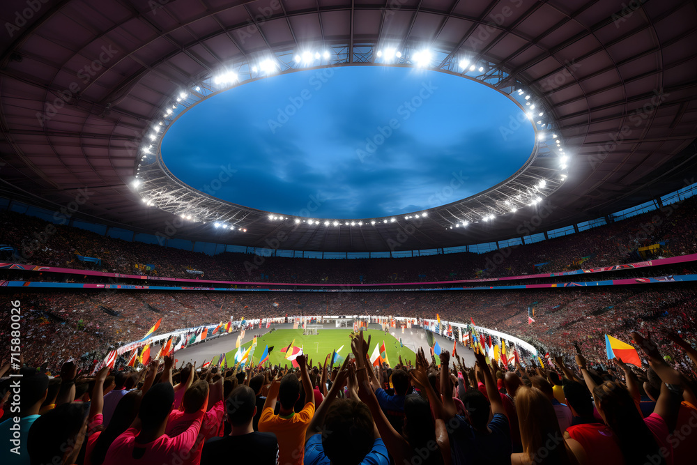 Athletes from around the world gathering in a grand stadium for an ...