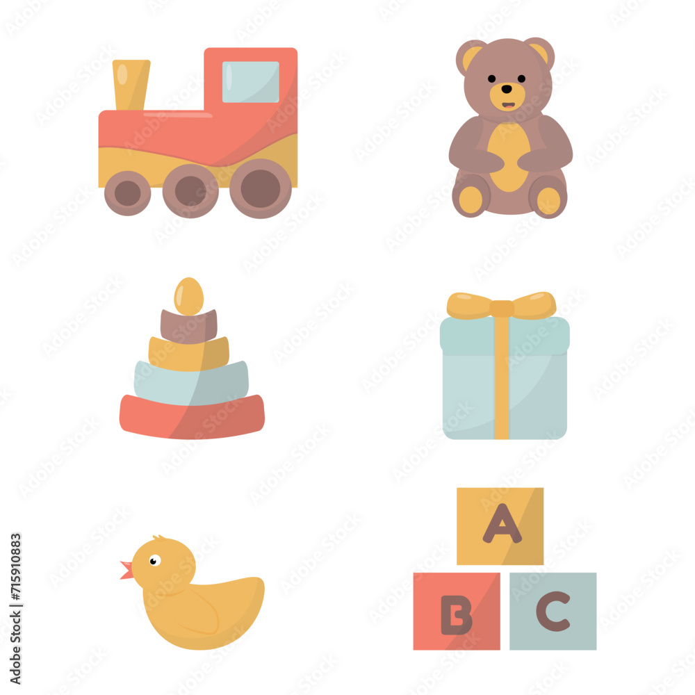 Baby toys vector flat elements. teddy, toy blocks, gift box, pyramid ...
