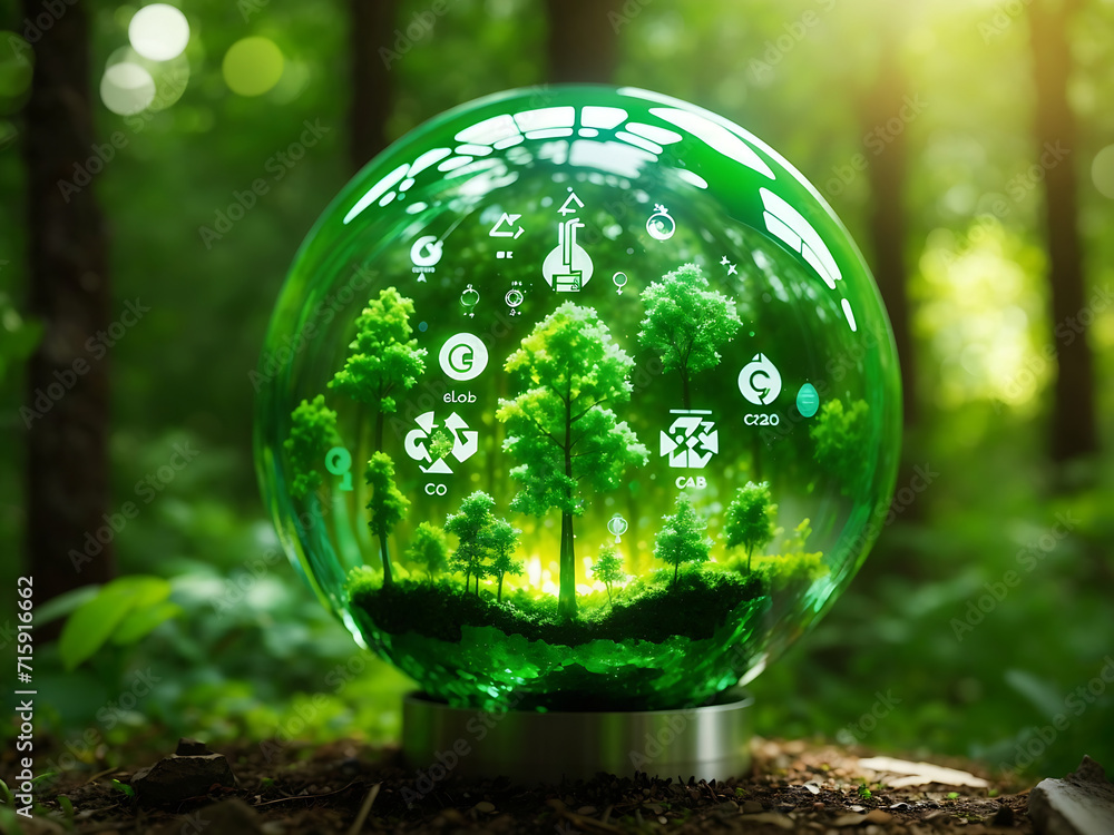 Globe Glass with CO2 icons In Green Forest With Sunlight.Reduction of ...