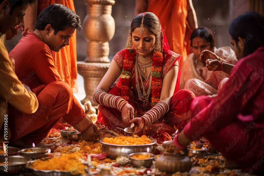 Indian family at the table with traditional Indian dishes Stock Photo ...