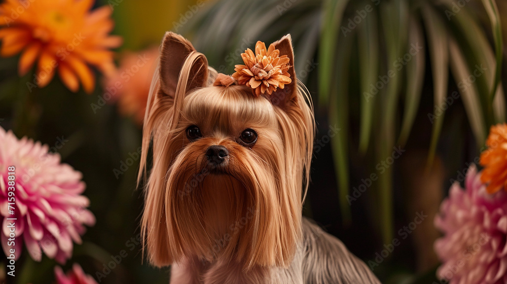A Yorkie in a themed haircut inspired by nature, with its fur stylized ...
