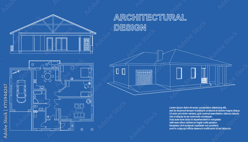 Perspective 3D, floor plan and cross section suburban house. Drawing of ...