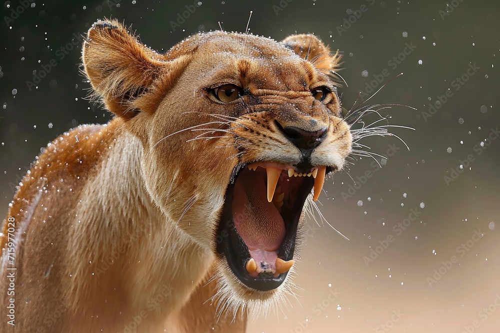 A fierce lion stands tall in the great outdoors, its powerful snout ...