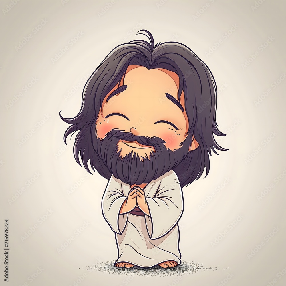 Cartoon drawing of an anime chibi Jesus praying while smiling on a ...