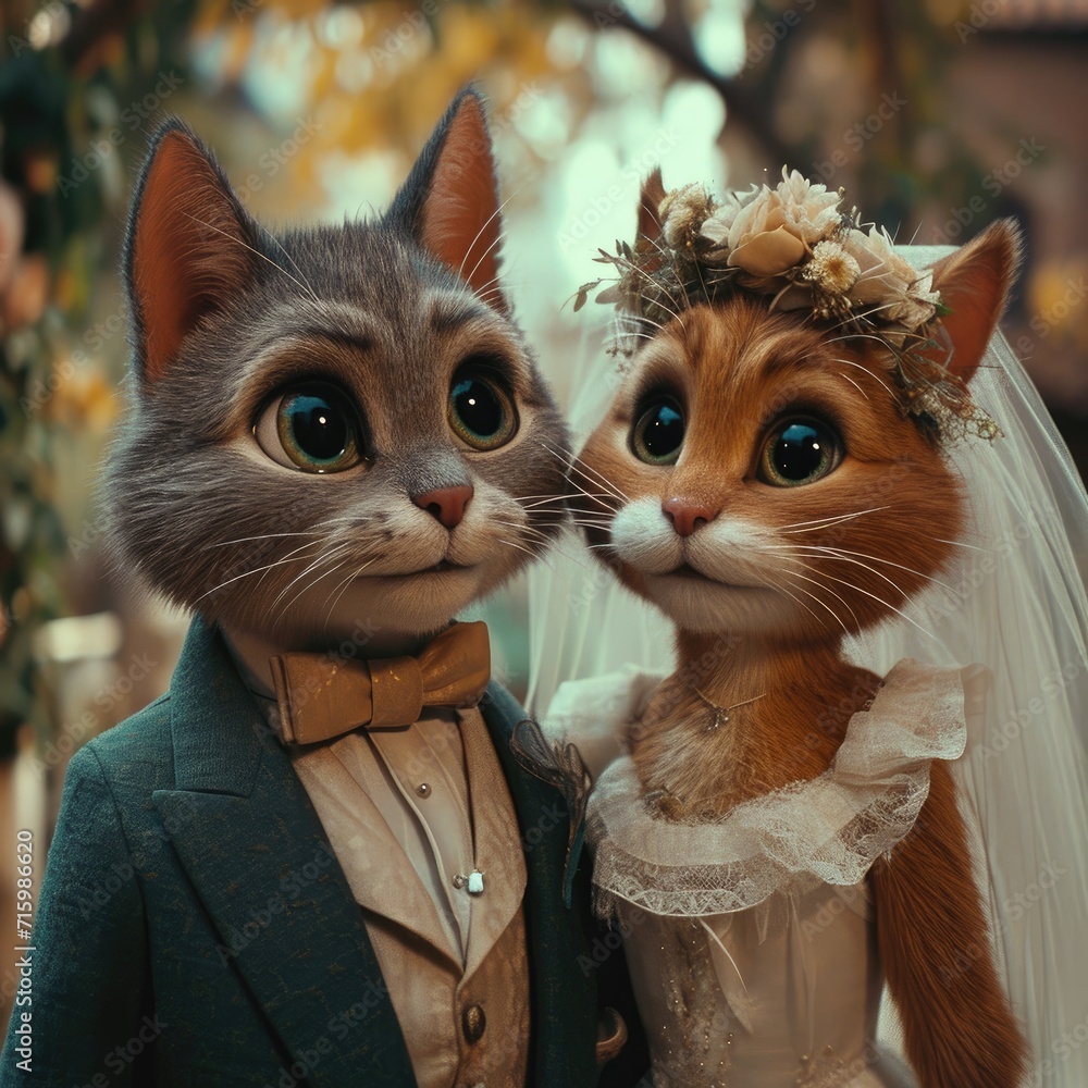 Two furry felines donning a delicate white gown, symbolizing the ...