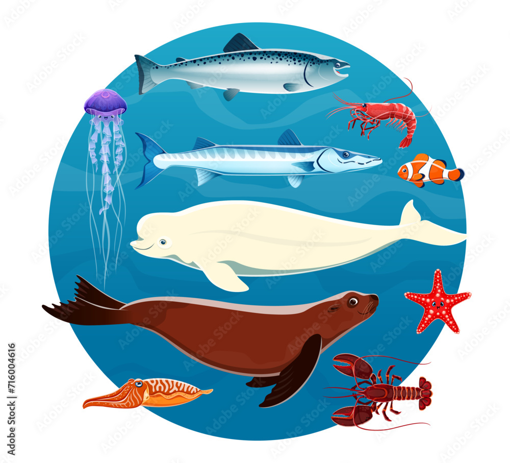 Cartoon sea animals and ocean fish. Vector salmon, shrimp, jellyfish ...