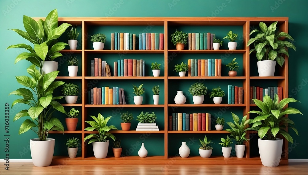 A contemporary-style bookshelf adorned with plants that serves as a ...