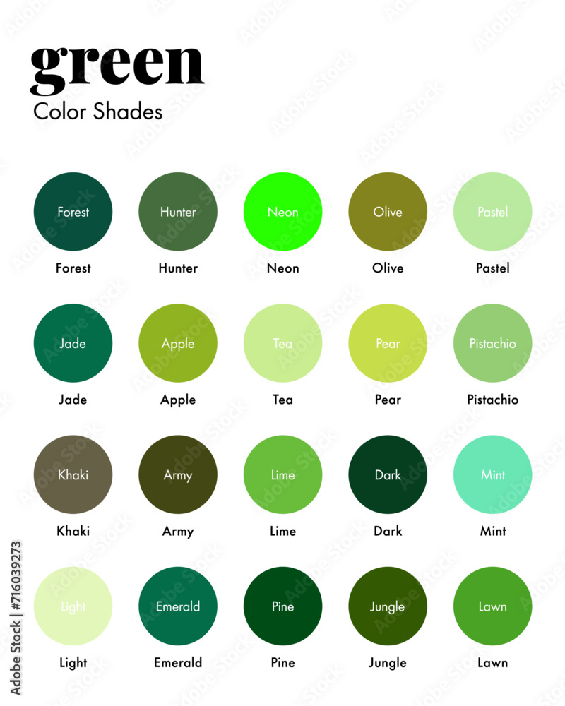 Palette of Green Shades with Corresponding Names, Collection of Greens ...