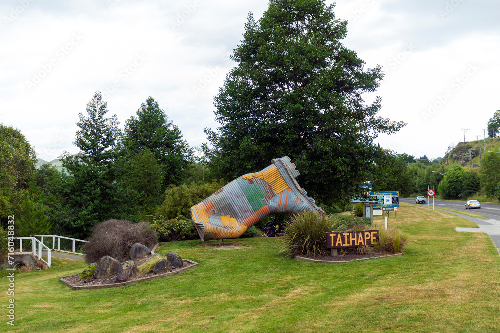 A close-up glimpse of the iconic landmark gumboot welcomes visitors to ...