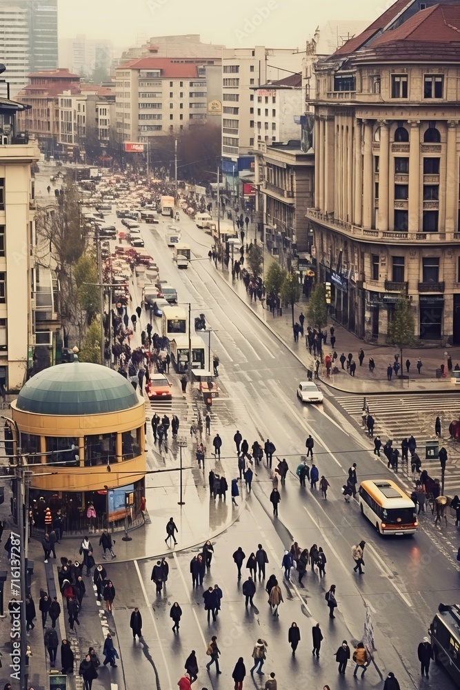 Bustling city square with a diverse group of commuters making their way ...