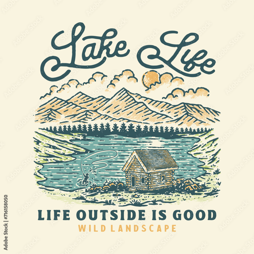 cabin illustration lake graphic fishing design mountains badge ...
