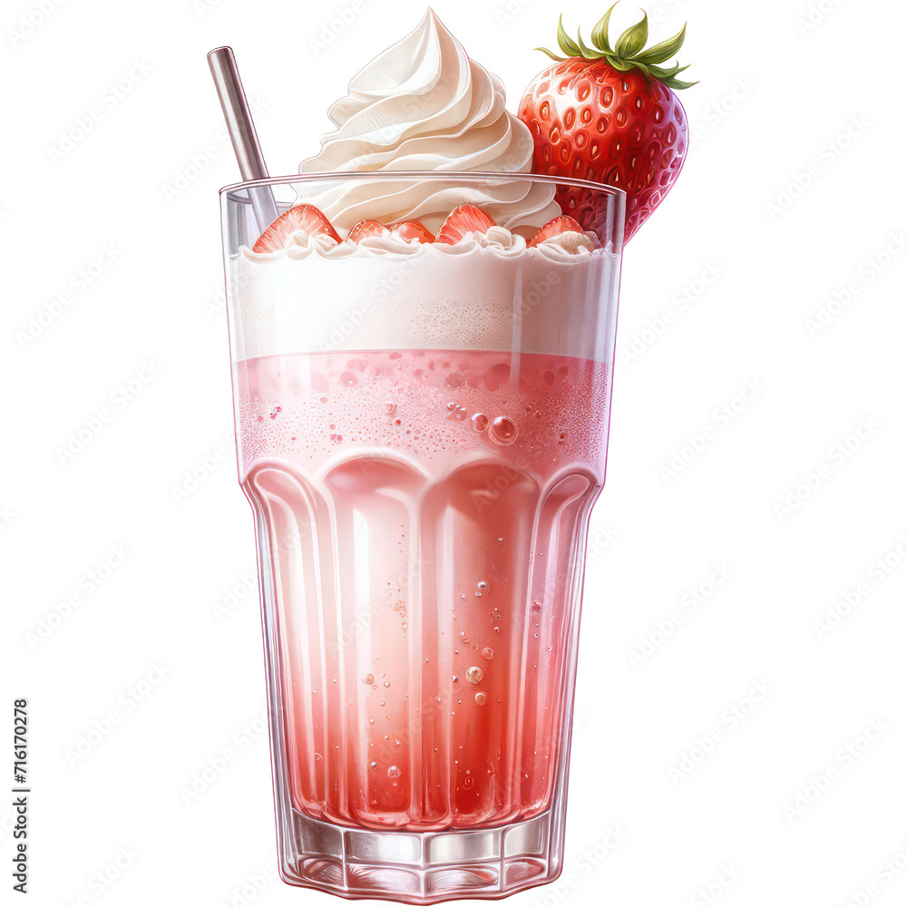 Strawberry and Cream Soda, A hyper-realistic watercolor style image of a strawberry and cream ...