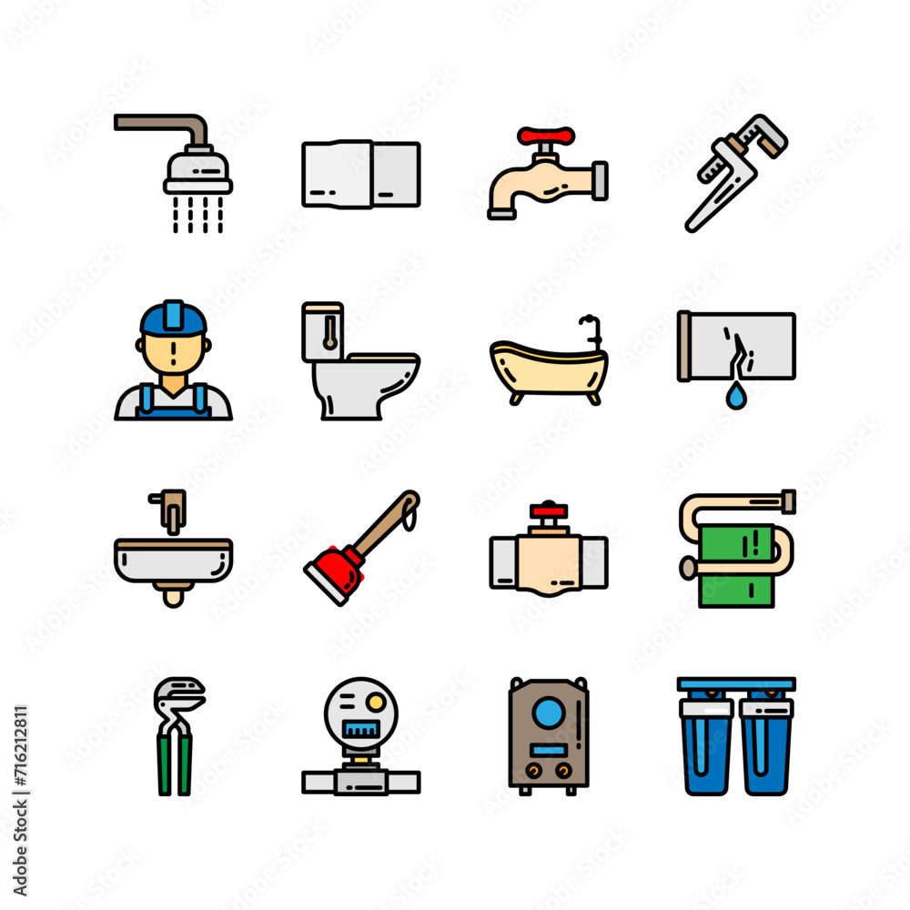 Plumbing lineal color Icon collection. Perfect for sign, symbol, logos, stats and infographics ...