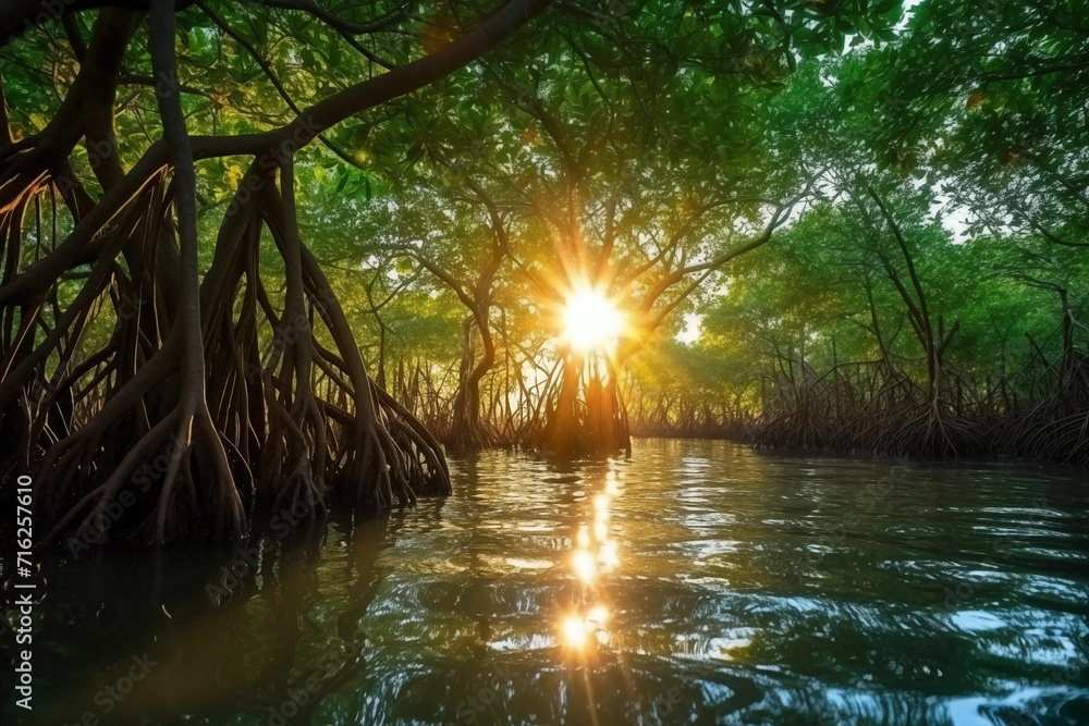 Green mangrove forest with morning sunlight. Mangrove ecosystem. Natural carbon sinks. Mangroves ...