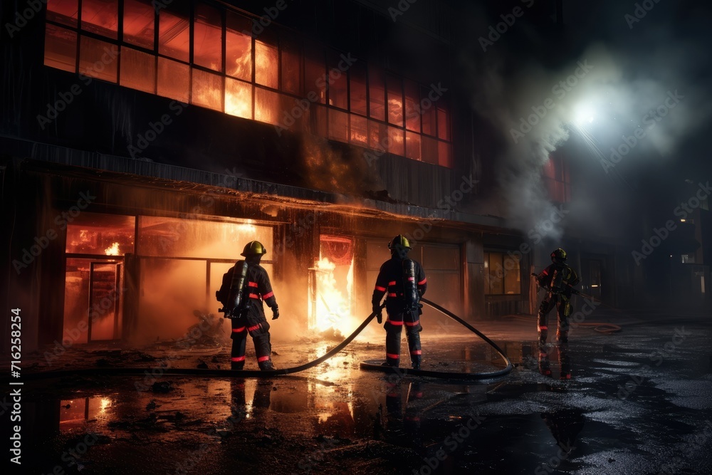 Firefighters extinguishing a fire in a building at night , Photo ...
