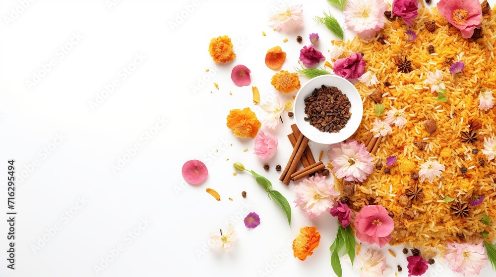 aromatic biryani and flowers on white background with space for text ...