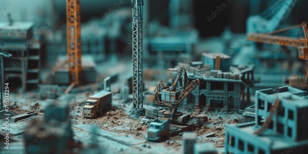 A miniature model of a construction site featuring a crane. This image ...