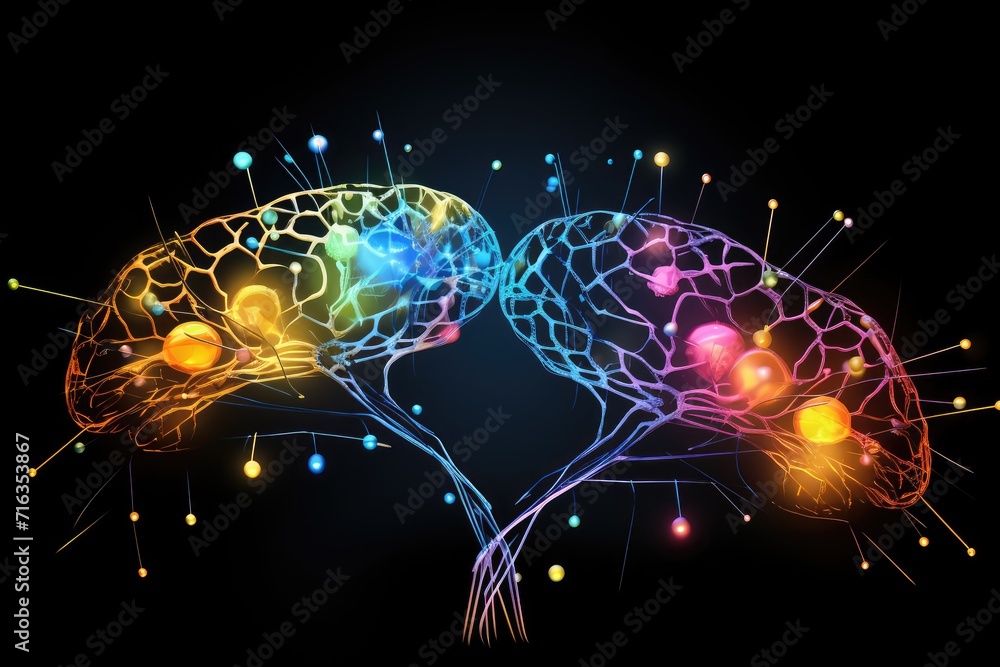 energy of fractal realms, colorful brain activity, neuron network ...