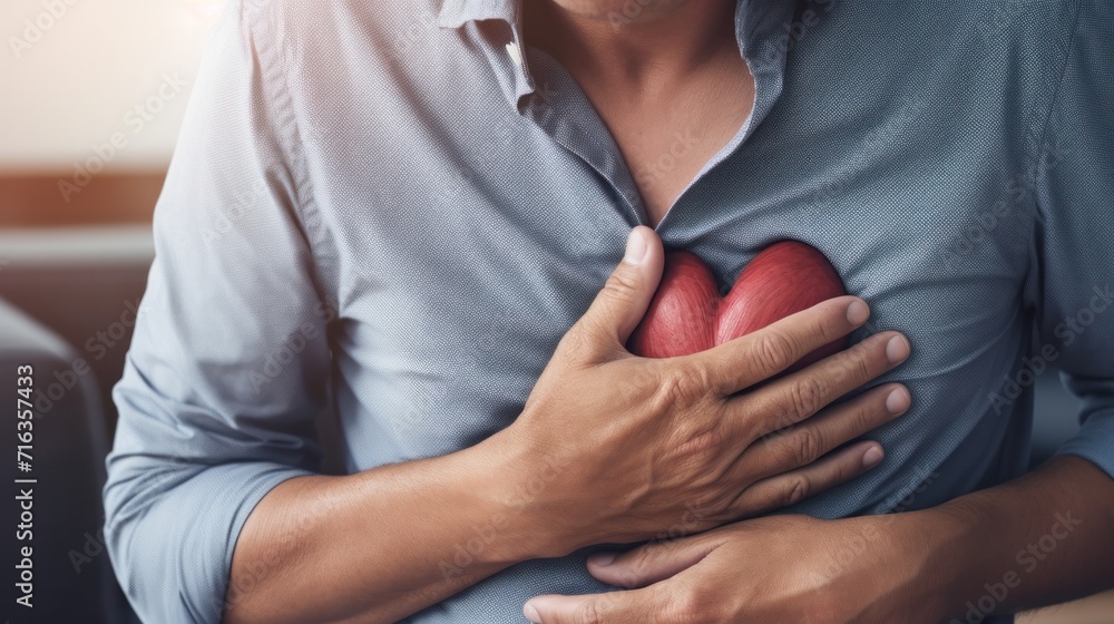 hand hold chest with heart attack symptoms, asian woman working hard ...