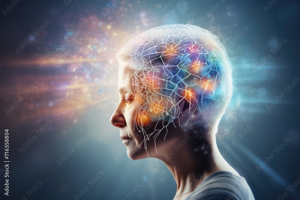 Vivid neuronal brain dots, connecting through synapses. Self awareness ...
