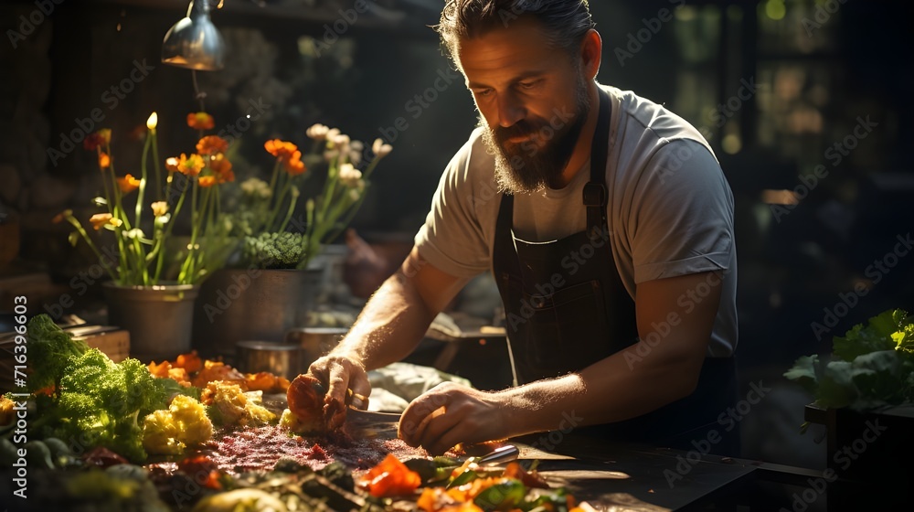Chef cuisinier entrain de faire à manger sur un plan de travail, fruits ...