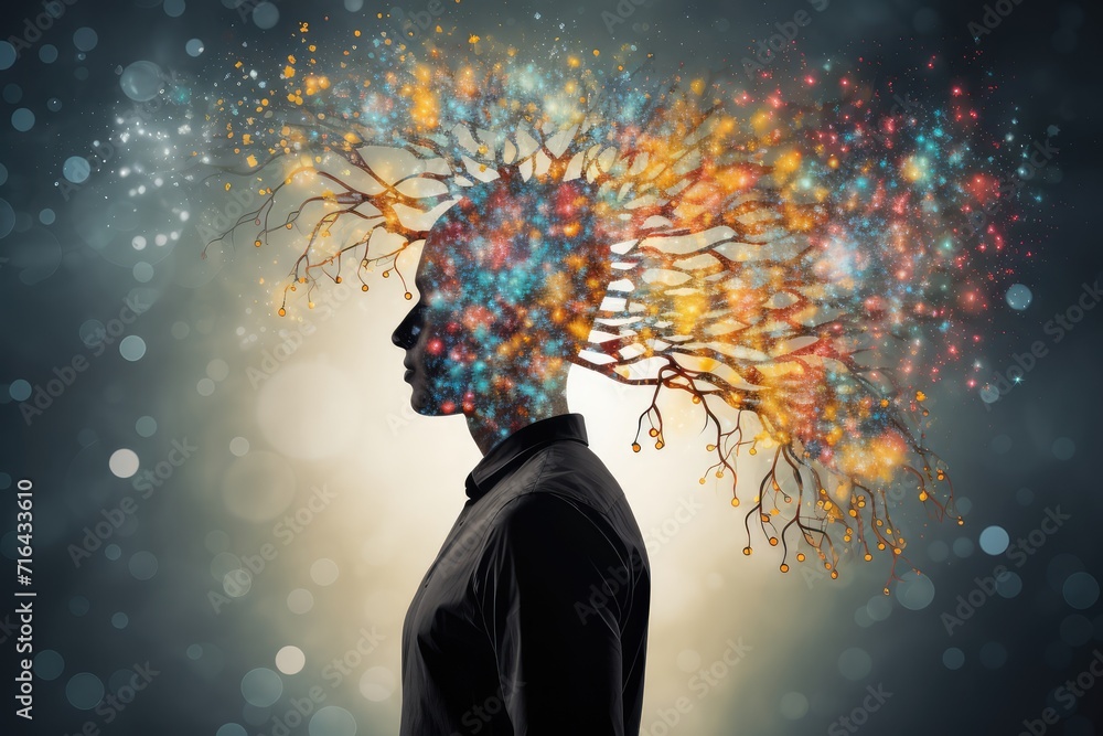 Whimsical mind, neurons dance within skull head, conceptual ...