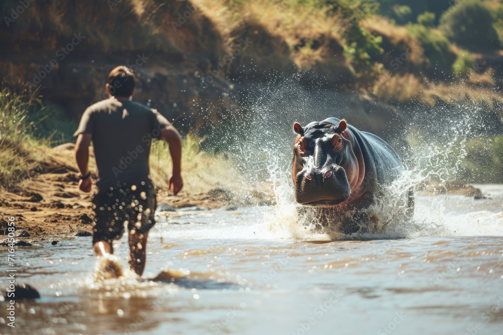 Man runs from a chasing huge aggressive hippopotamus in a river attack ...