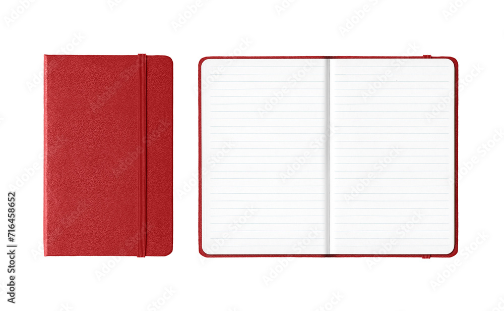 Dark red closed and open lined notebooks isolated on transparent ...