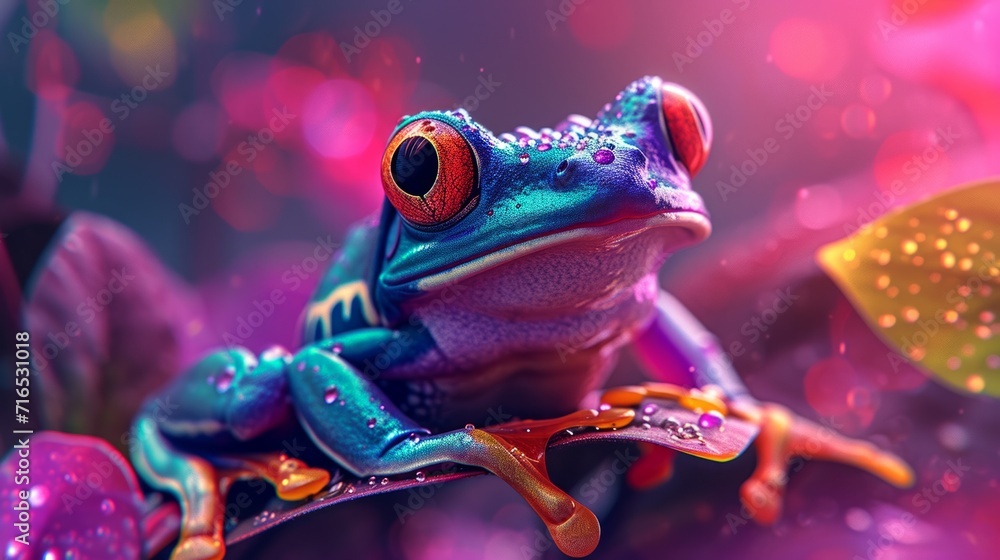 Watercolor neon frog illustration. Hand painted image of a cute frog ...