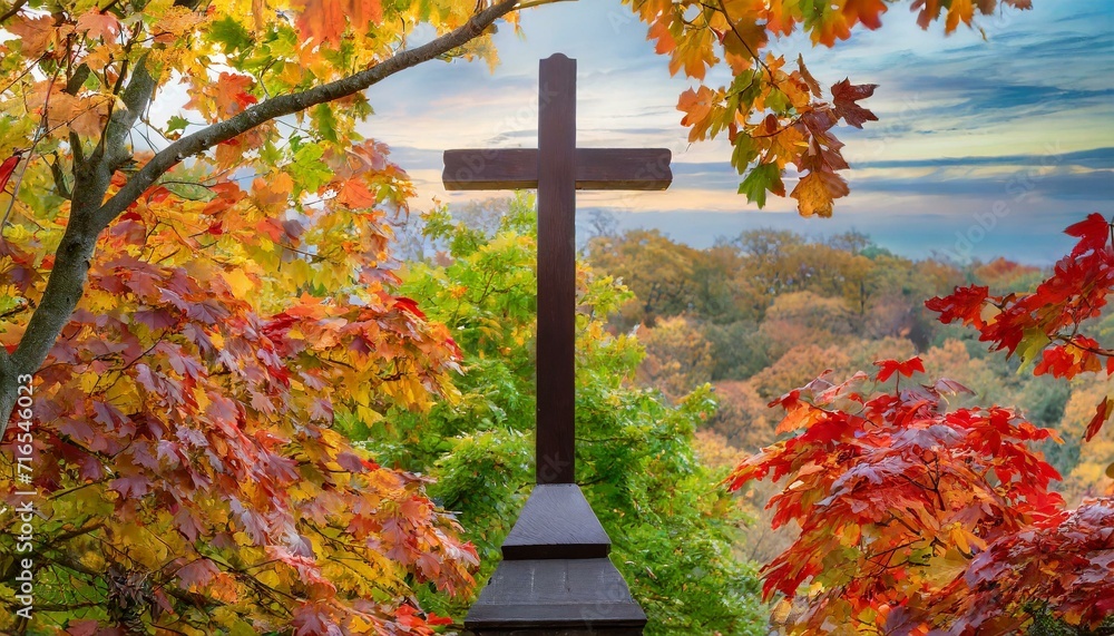 Cross with Autumn Foliage: A cross surrounded by vibrant autumn foliage ...