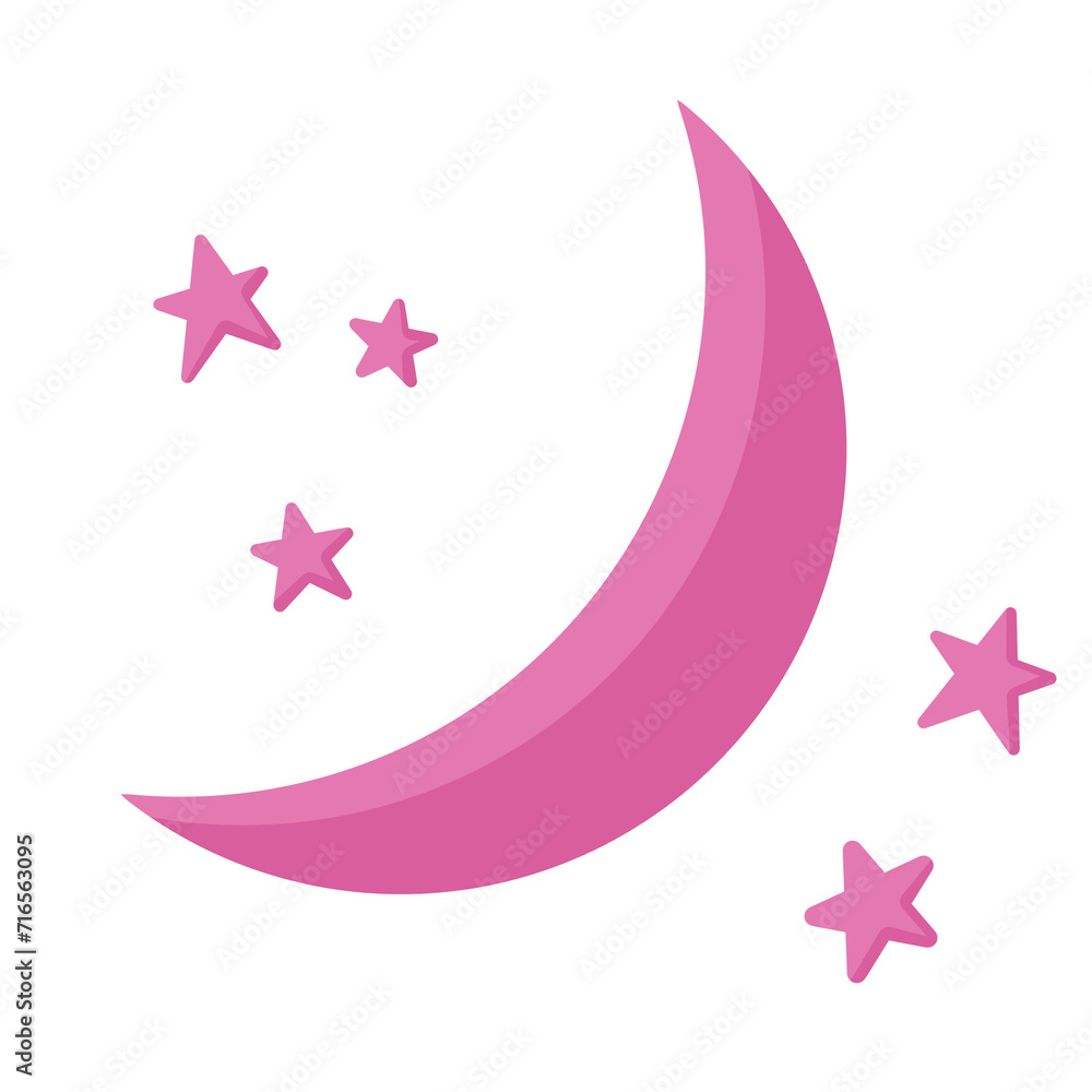 Doodle moon and stars with pink color crescent moon illustration that ...