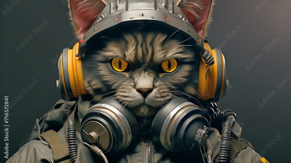 Illustrative black cat in protective chemical gear wearing a gas mask ...