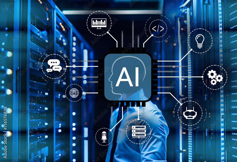 Data Center. Information storage warehouse. Ai, cyber data protection with artificial ...