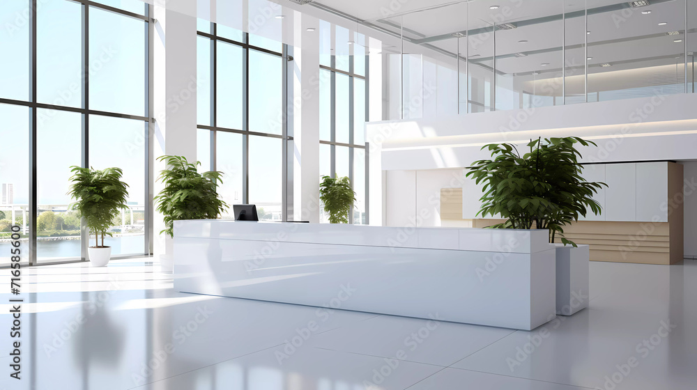 A white reception counter in a modern office building with a plant in ...
