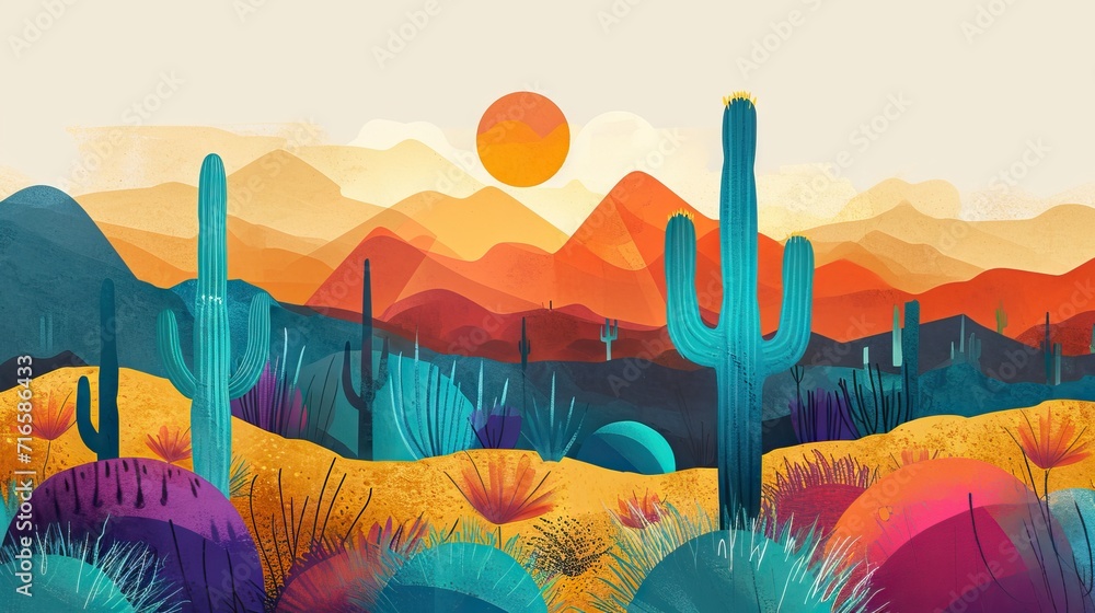 colorfull arizona desert with cactus, mountains and sun - AI Generated ...