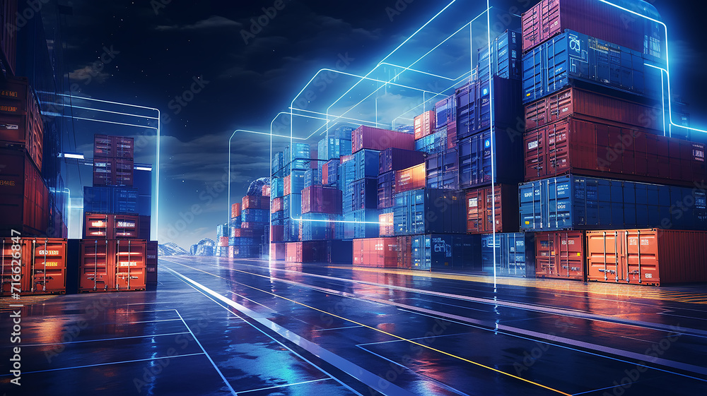 warehouse technology of the future, warehouse program, neon background ...