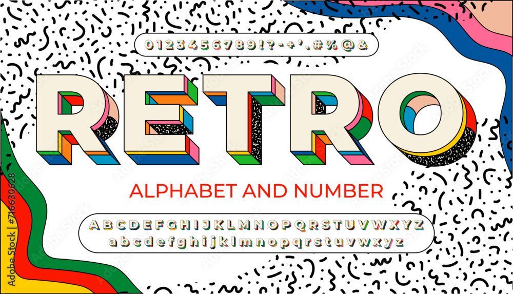 Colorful vintage retro 3D typeface. Decorative letters in 70s, 80s, 90s ...