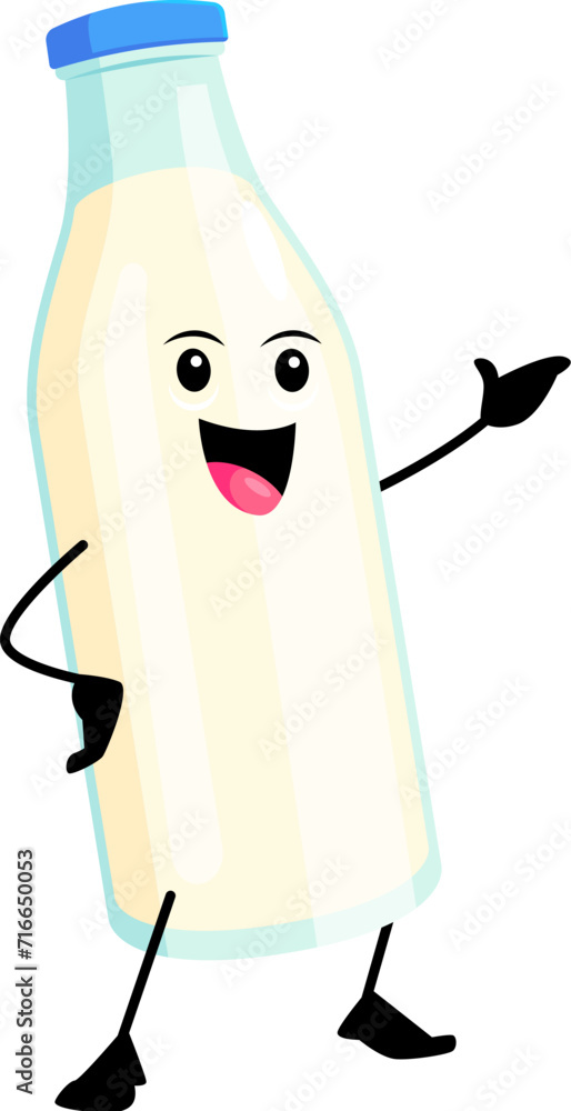 Cartoon cheerful milk bottle breakfast character. Isolated vector kefir ...