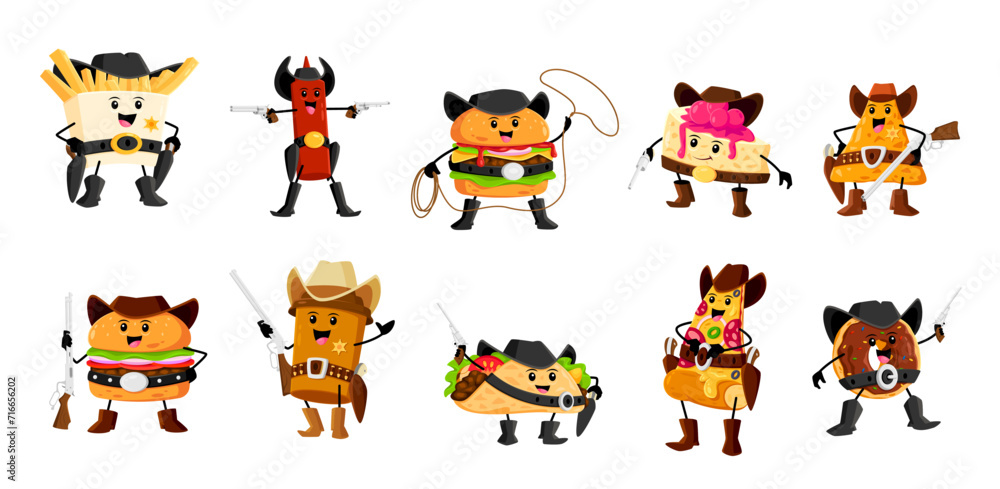 Cartoon fast food cowboy and ranger, bandit and sheriff characters ...