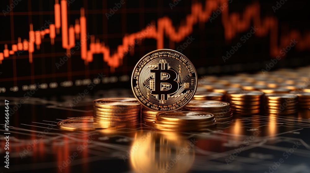 3D gold Bitcoin on price candlestick chart background. Market crash, Dropping down. Price Value ...