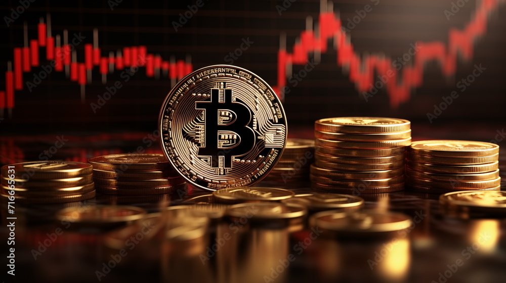 3D gold Bitcoin on price candlestick chart background. Market crash ...